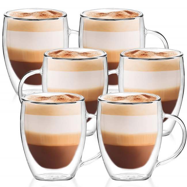 Szklanki termiczne do kawy i herbaty 6 szt. 300 ml z uchwytem i podwójnym dnem 6 x 300ml ...