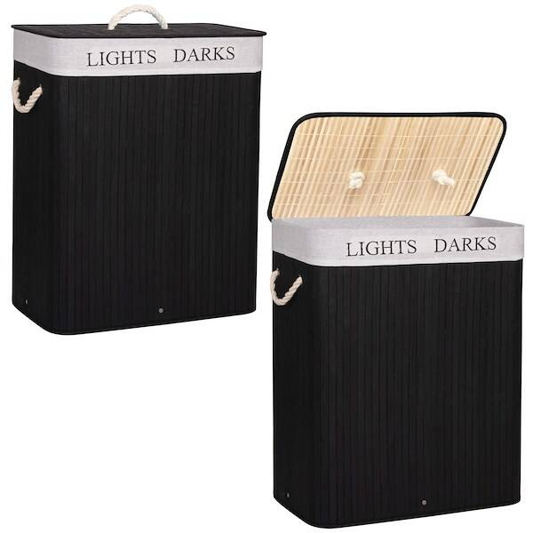 Kosz na pranie 100L z 2 komorami bambus naturalny czarny HA0071 ...